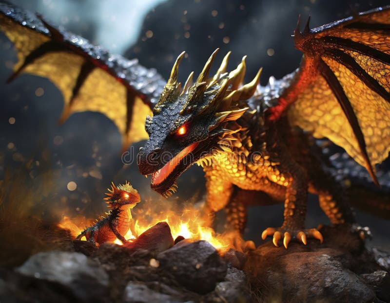 Fire drake with cub stock illustration. Illustration of guard - 311353144