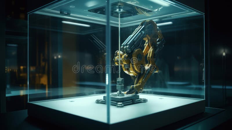 Industrial Robot Operating Inside the Transparent Glass Cube Container ...