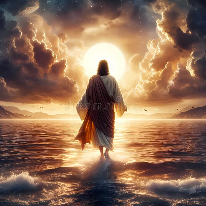 Jesus Christ Walking on Water on the Sea of Galilee Stock Illustration ...