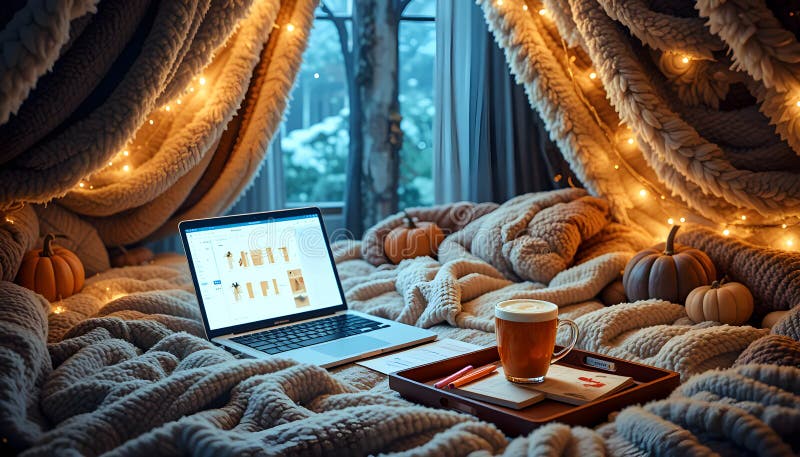 Cozy Great Lock in Workspace with Laptop Coffee and Blankets Stock ...
