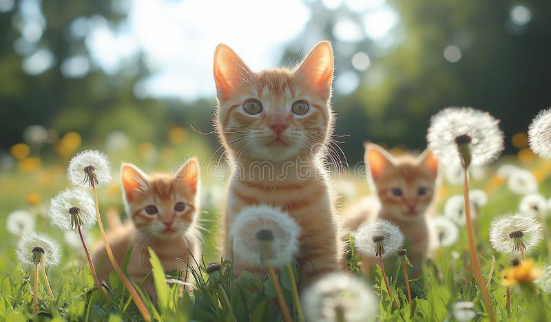 AI Generated Image of Lawn,ginger Mom Cat with Three Maximum Cuteness ...
