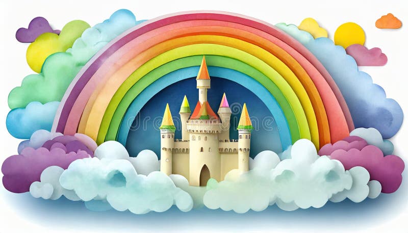 A Magic Cloud Castle Under the Rainbow Stock Illustration ...