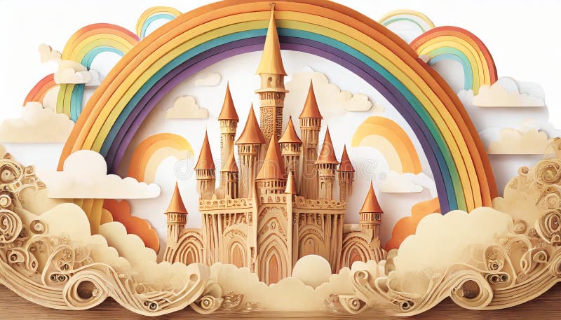 A Magic Cloud Castle Under the Rainbow Stock Illustration ...