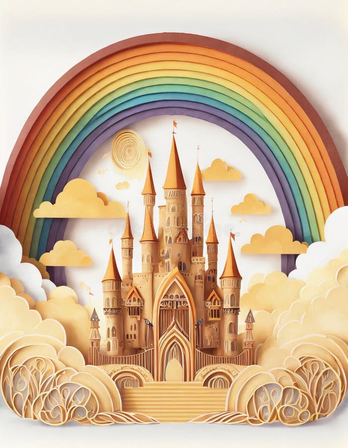 A Magic Cloud Castle Under the Rainbow Stock Illustration ...