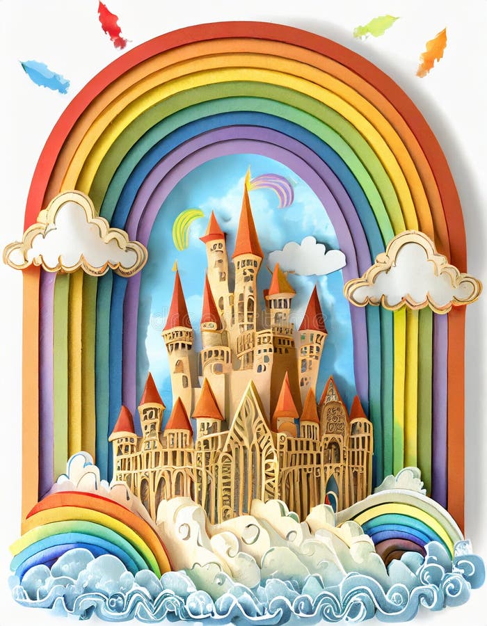 A Magic Cloud Castle Under the Rainbow Stock Illustration ...