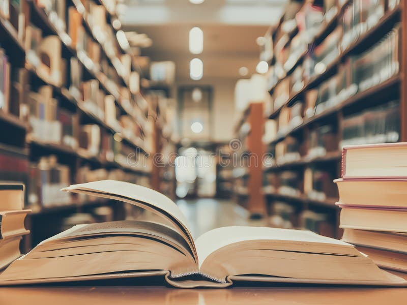 AI-Generated Image of a Library with a Book Open on a Table Stock ...