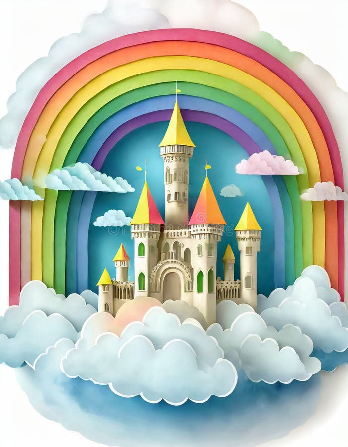 A Magic Cloud Castle Under the Rainbow Stock Illustration ...