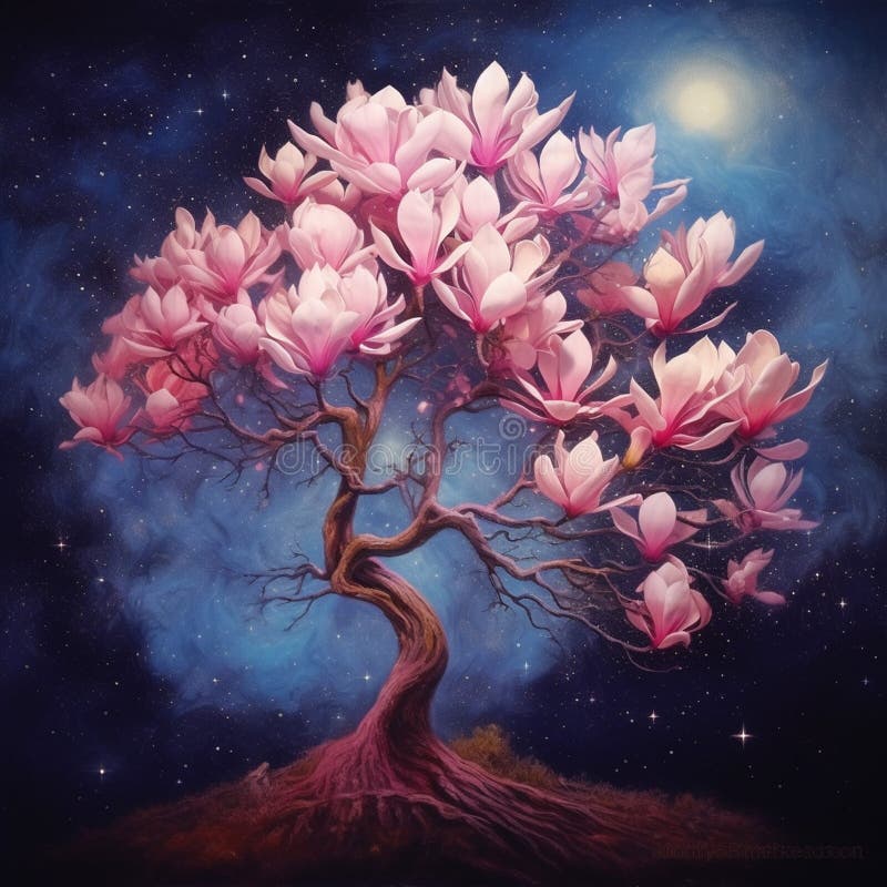 Magnolia tree in moonlight stock illustration. Illustration of plant ...