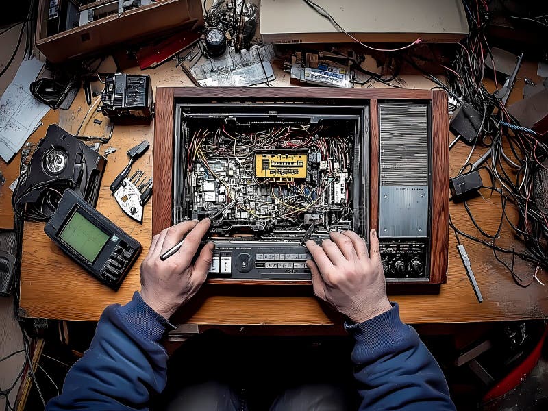AI-Generated Image of a Man is Fixing a of Television on a Table Stock ...