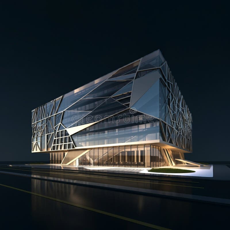 AI-Generated Image: Modern Geometric Building Rendering at Night Stock ...