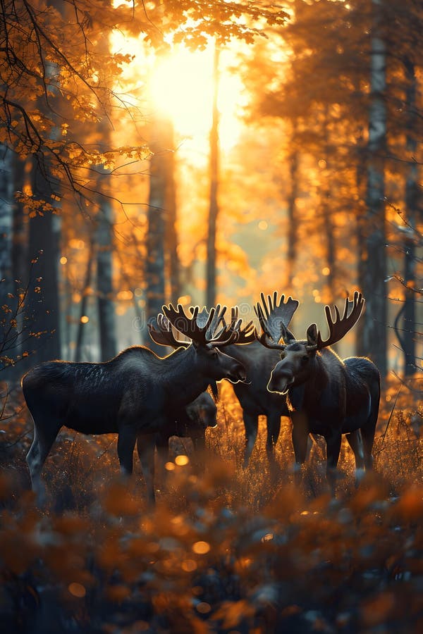 Moose Family in the Forest in Summer Evening with Setting Sun. Stock ...