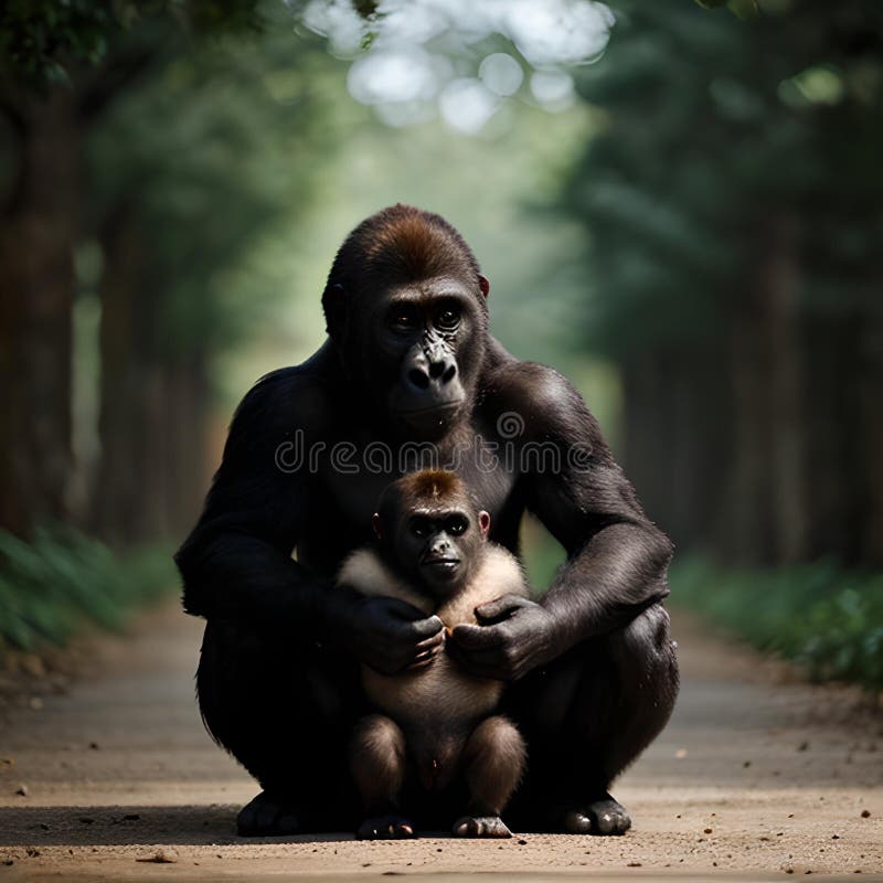 AI Generated Image of a Mother Gorilla and Her Baby in a Jungle Stock ...