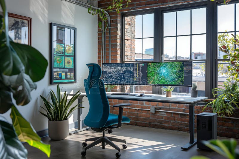 Urban Loft Office with AI Development Workstation and Greenery Stock ...