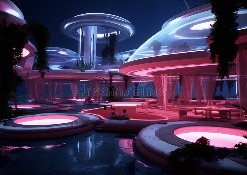 Futuristic Utopian City with Pink Neon Lights and Glass Domes in a Lush ... Futuristic Utopian City with Pink Neon Lights and Glass Domes in a Lush ...