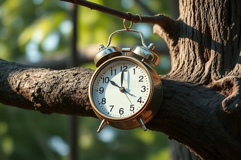 Analog Alarm Clock Hanging from a Tree Stock Illustration ...