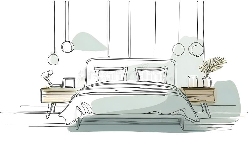 One Continuous Line Drawing of Cosy Bedroom Interior Design, Doodle ...