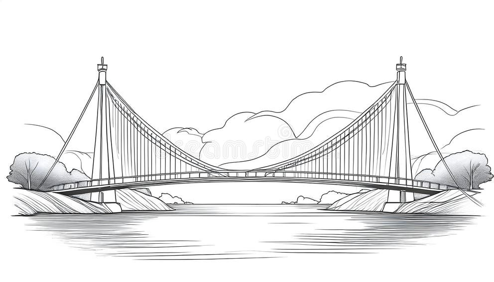One Continuous Line Drawing of Suspension Bridge, Doodle Vector ...