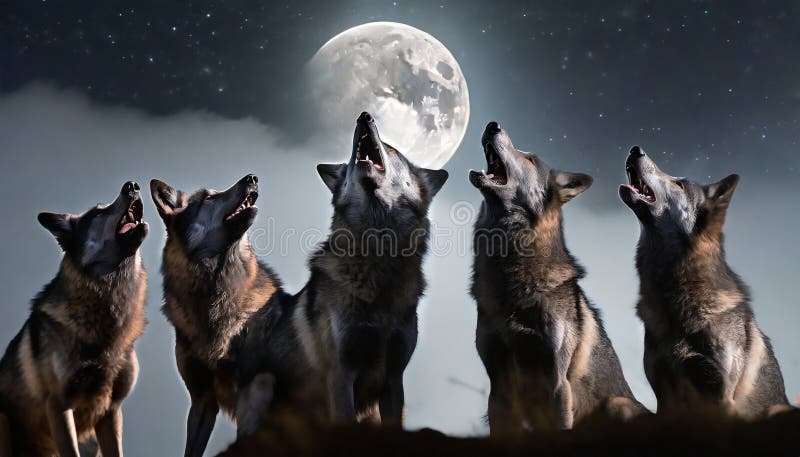 A Wolf Pack Howling at the Moon Stock Illustration - Illustration of ...