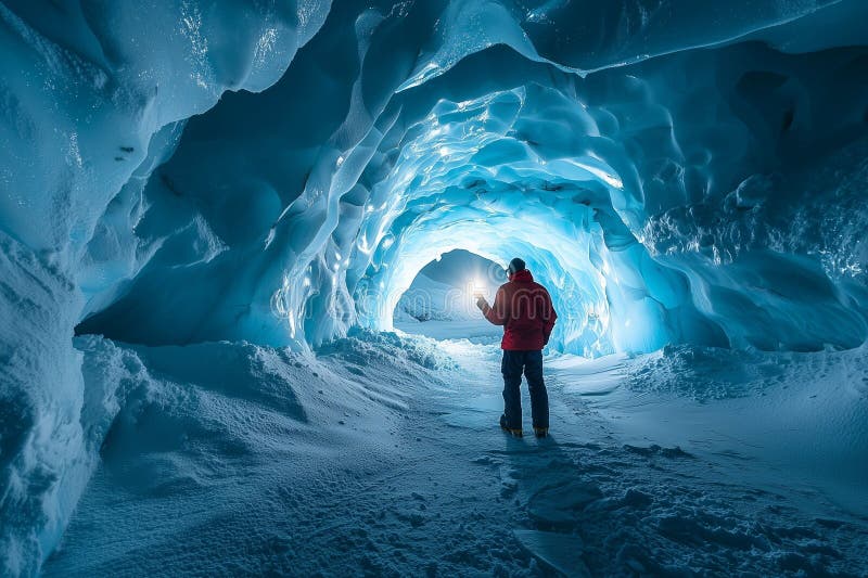 Exploring a Blue Ice Cave stock illustration. Illustration of cave ...
