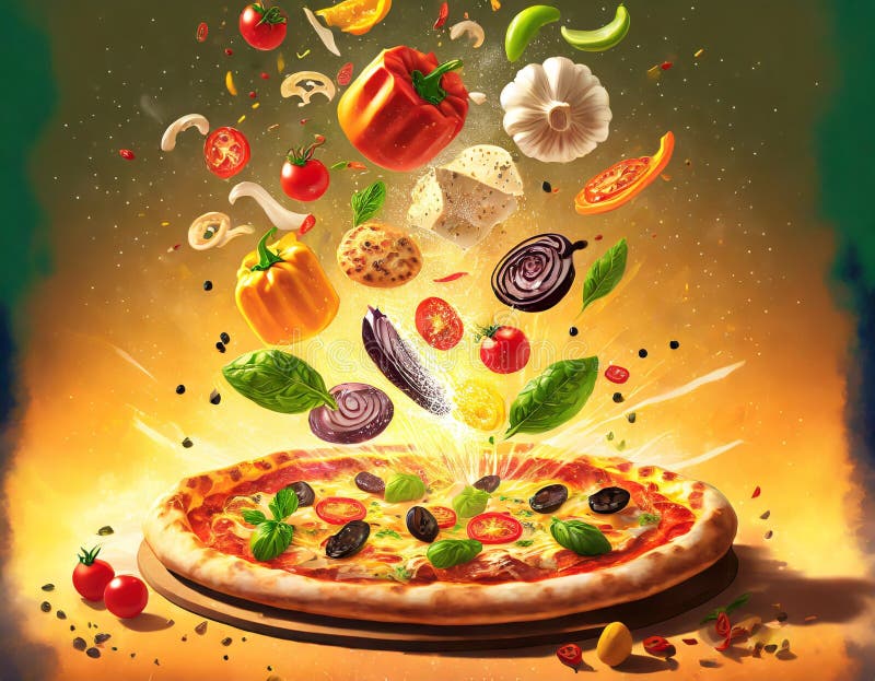 Flying pizza ingredients stock illustration. Illustration of copy ...