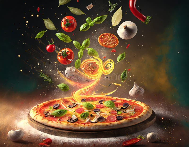 Flying pizza ingredients stock photo. Image of background - 293440604