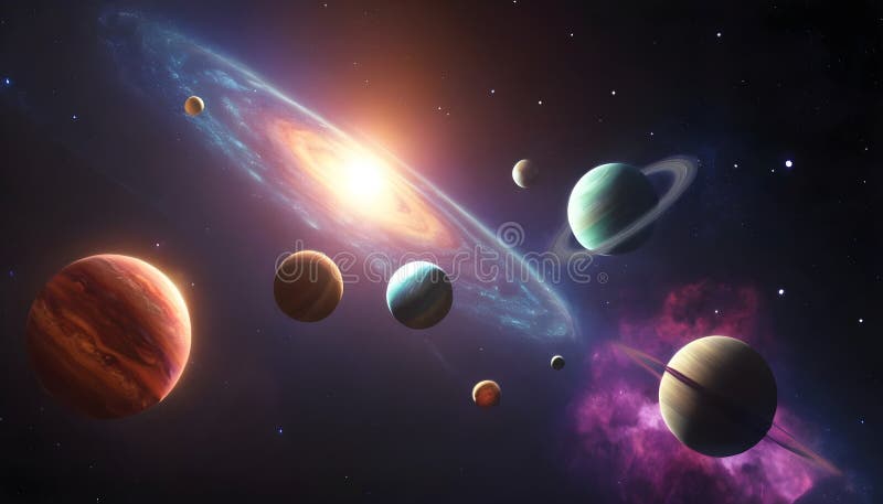An Image of Planets in Space Solar System, with Bright Sun and Stars ...