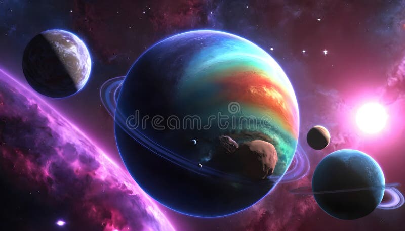 An Image of Planets and Stars in Space Solar System, with Sun and Pink ...
