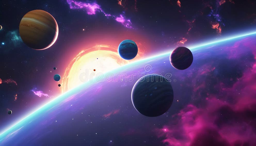 An Image of Planets and Stars in Space Solar System with Bright Sun ...
