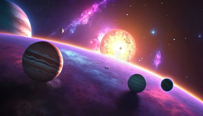 An Image of Planets and Stars in Space Solar Systems, with Sun and Pink ...