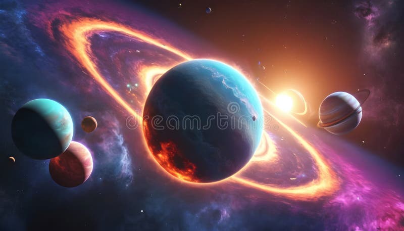 An Image of Planets and Their Rings in Space Solar System with Bright ...