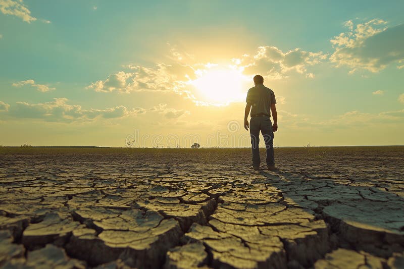 Man Standing at Cracked, Barren, Dried Land, Due To Global Warming ...