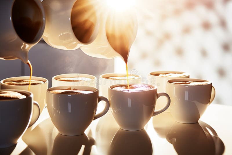 Pouring Coffee into the White Coffee Cups Stock Illustration ...