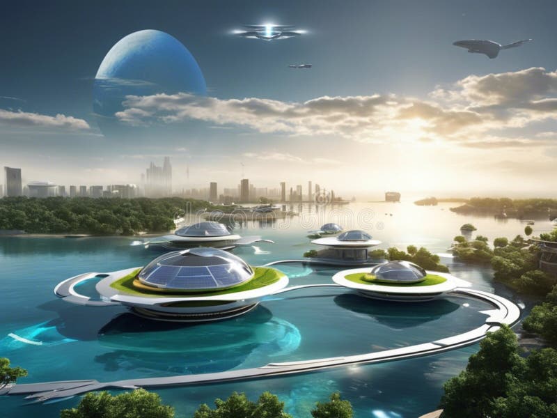 Futuristic Floating City with Solar Domes and Extraterrestrial Skyline - Visionary Eco-Friendly ...