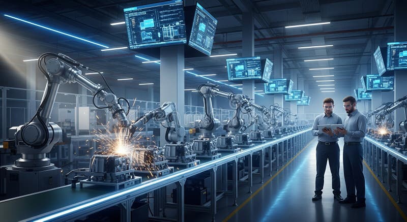 AI Generated Automated Manufacturing Line with Engineers and Robotic Arms Stock Illustration ...