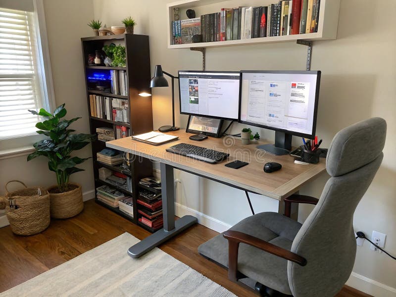 A Home Office Setup with a Standing Desk and Dual Monitors Stock Image ...