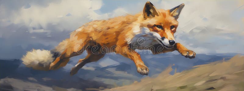 A Red Fox is Leaping Over a Mountain Ridge with a Cloudy Sky in the ...