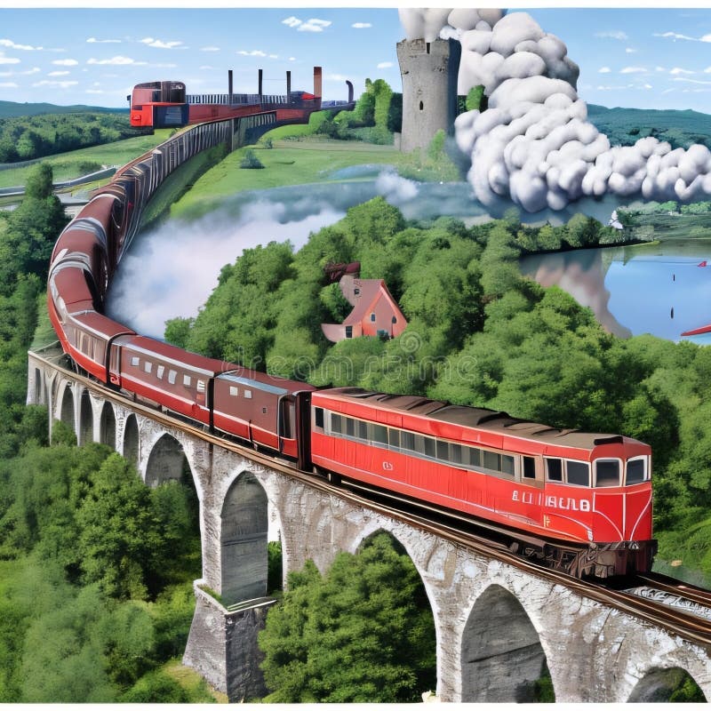 AI Generated Image - Red Train Riding in a Idyllic Landscape Stock ...