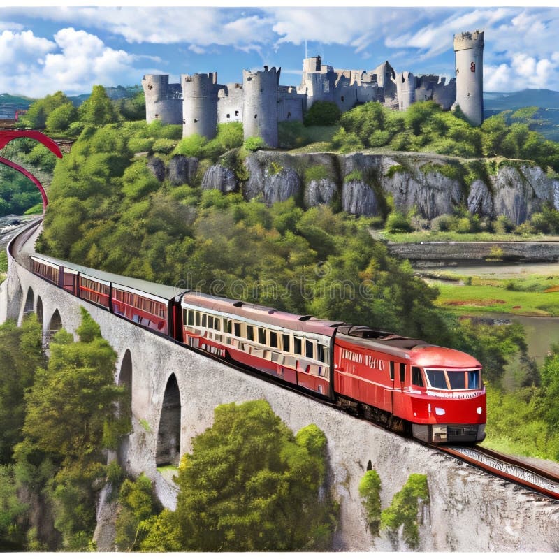 AI Generated Image - Red Train Riding in a Idyllic Landscape Stock ...