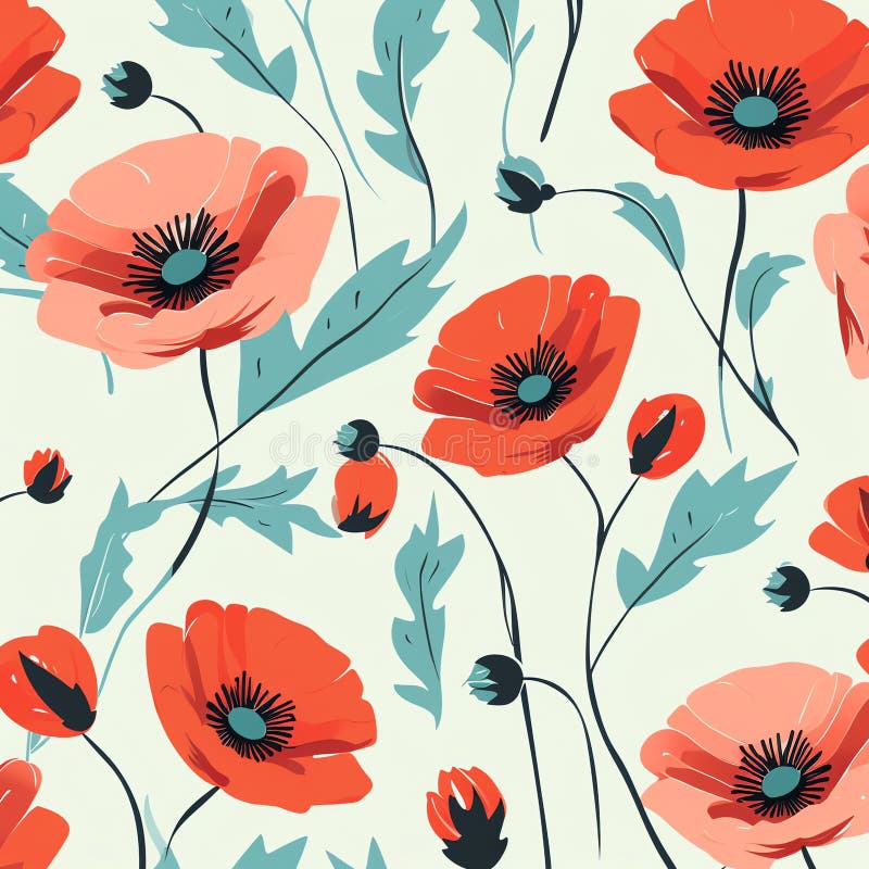 Retro Poppy Pattern Flowers Background Pattern Wallpaper Vector Old ...