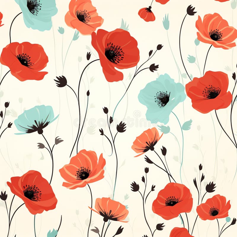 Retro Poppy Pattern Flowers Background Pattern Wallpaper Vector Old ...