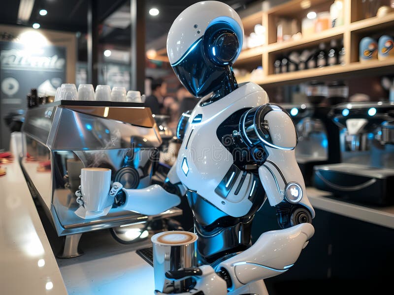 AI-Generated Image of Robot Barista Serving Coffee in Modern Cafe Stock ...