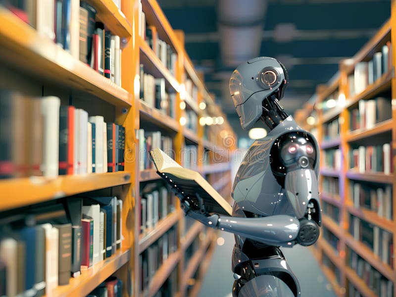 AI-Generated Image: Robot Browsing Books in Modern Library Aisles Stock ...