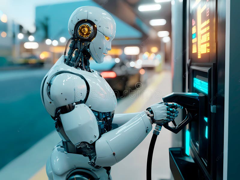 AI-Generated Image of a Robot is Charging a Car at a Gas Station Stock ...