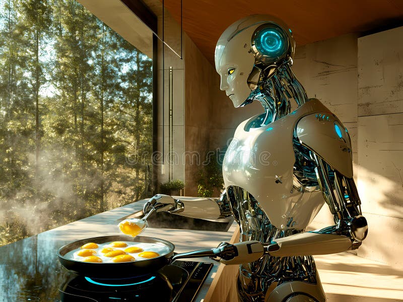 AI-Generated Image of a Robot is Cooking Eggs in a Pan Stock ...