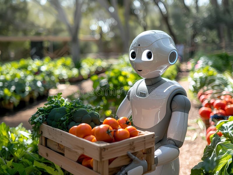 AI-Generated Image of a Robot is Holding a Basket of Vegetables Stock ...