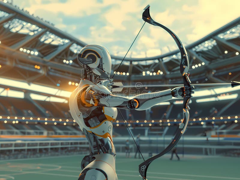 AI-Generated Image of a Robot is Holding a Bow and Arrow in a Stadium ...