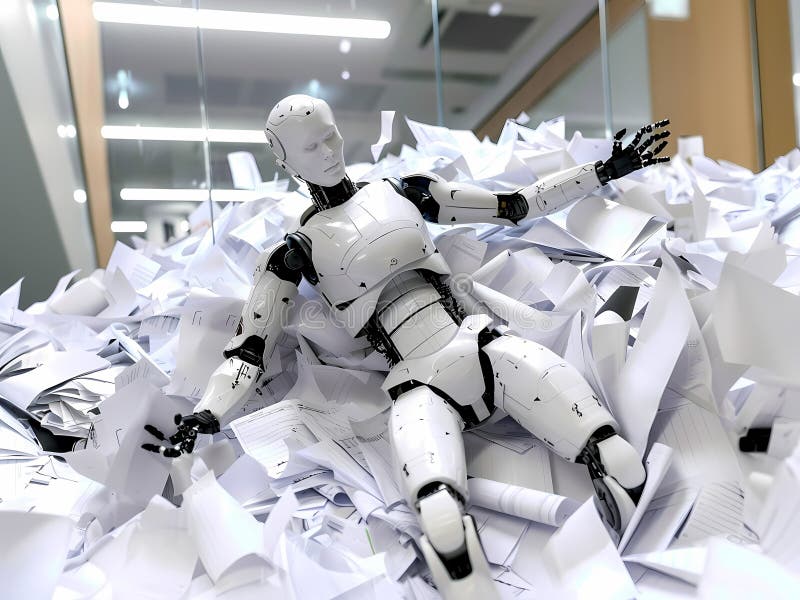 AI-Generated Image of a Robot is Lying on a Pile of White Paper Stock ...
