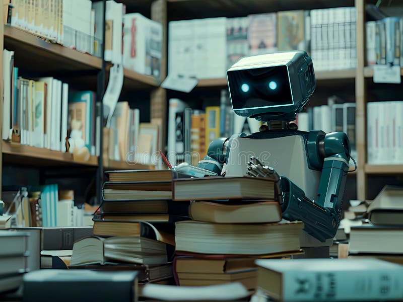 AI-Generated Image: Robot Organizing Stacks of Books in Library Stock ...