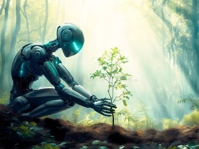 AI-Generated Image of a Robot is Planting a Tree in a Forest Stock ...