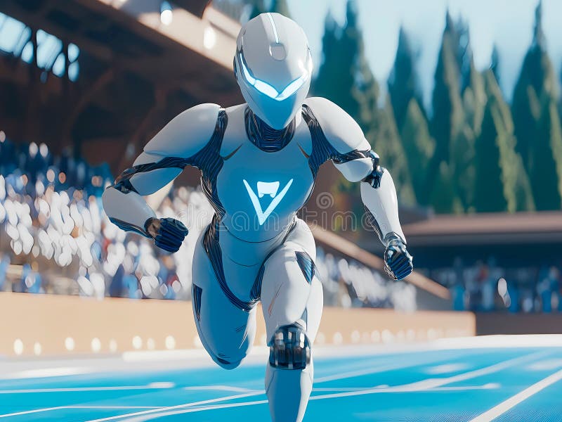 AI-Generated Image of a Robot is Running on a Track with a V on Its ...